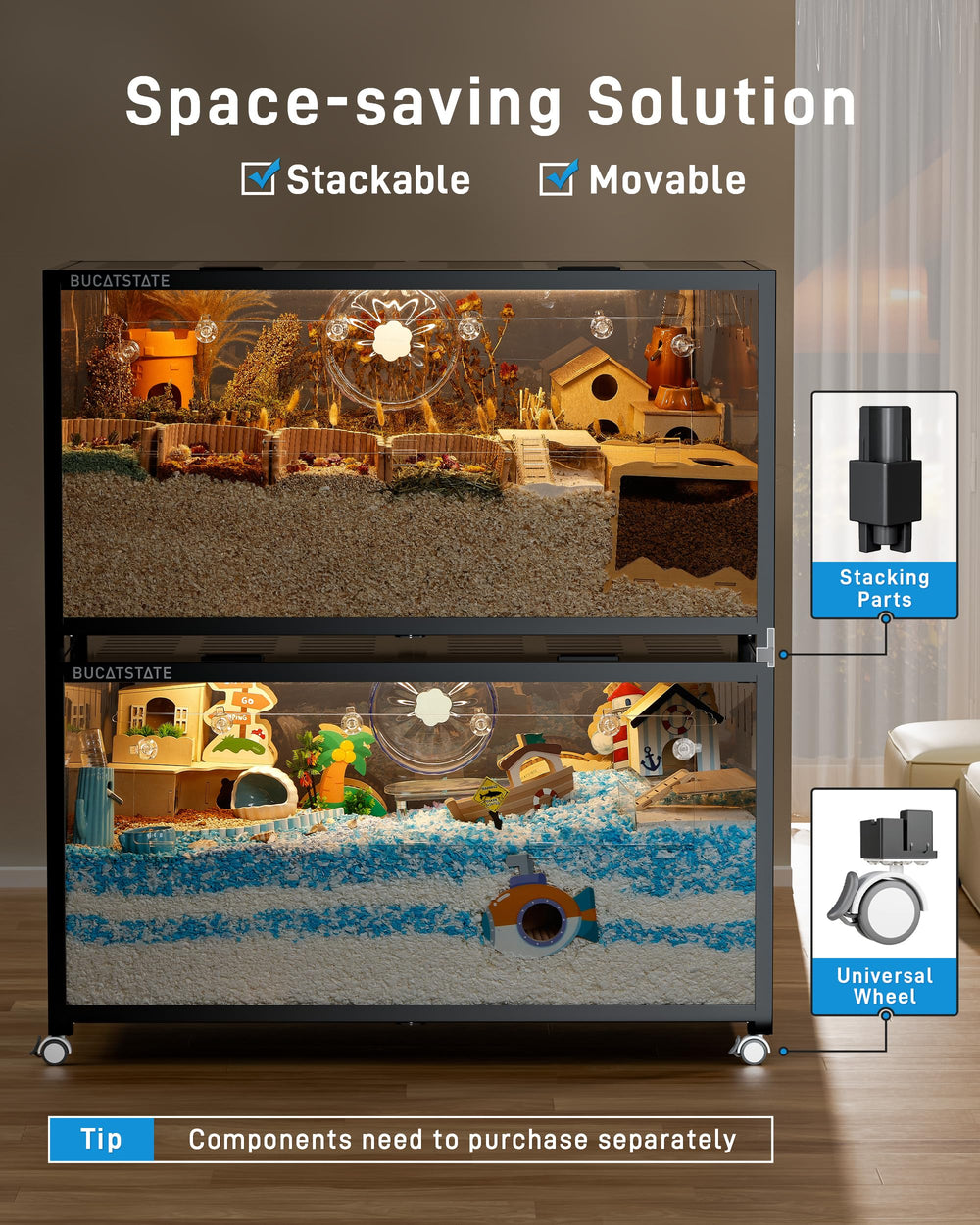BUCATSTATE Hamster Cage 3.0 – Large, Chewproof Stackable Habitat (47"L ...